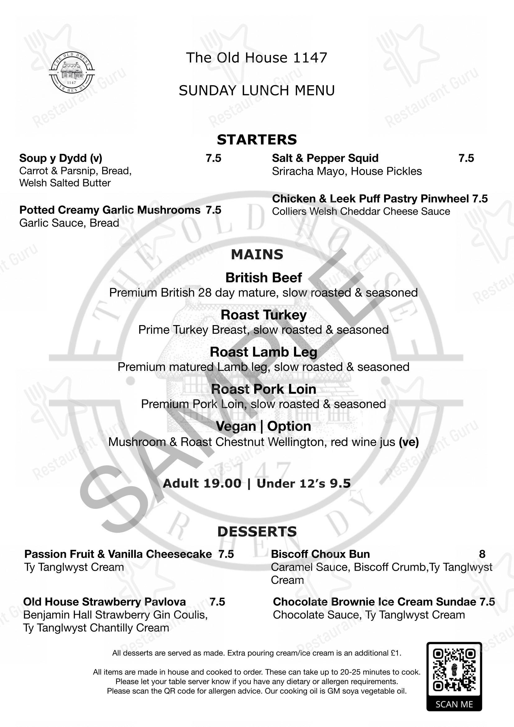 Menu at Old House pub & bar, Maesteg, Llangynwyd