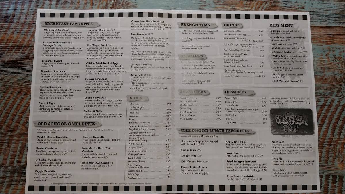 Menu at Old School Grub/ OSG Cafe, Mesa, E Main St