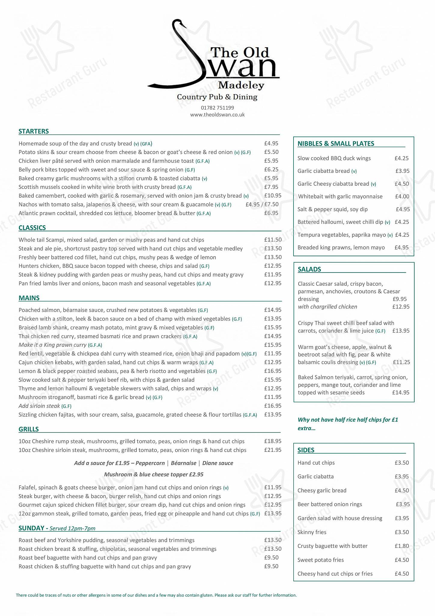 Menu at The Old Swan pub & bar, Madeley, Crewe Rd