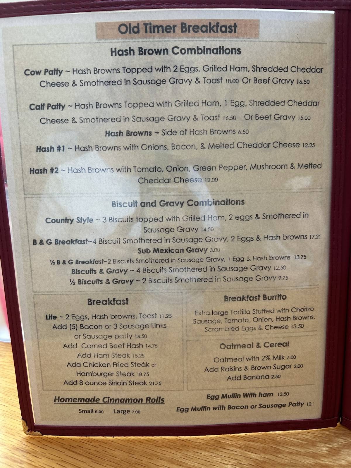 Menu at Old Timer Cafe, Saint Ignatius