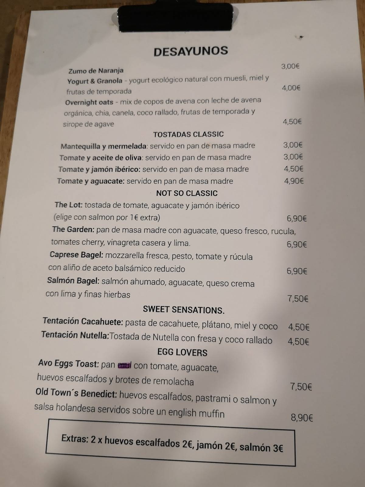 Menu at Old Town Coffee cafe, San Sebastián