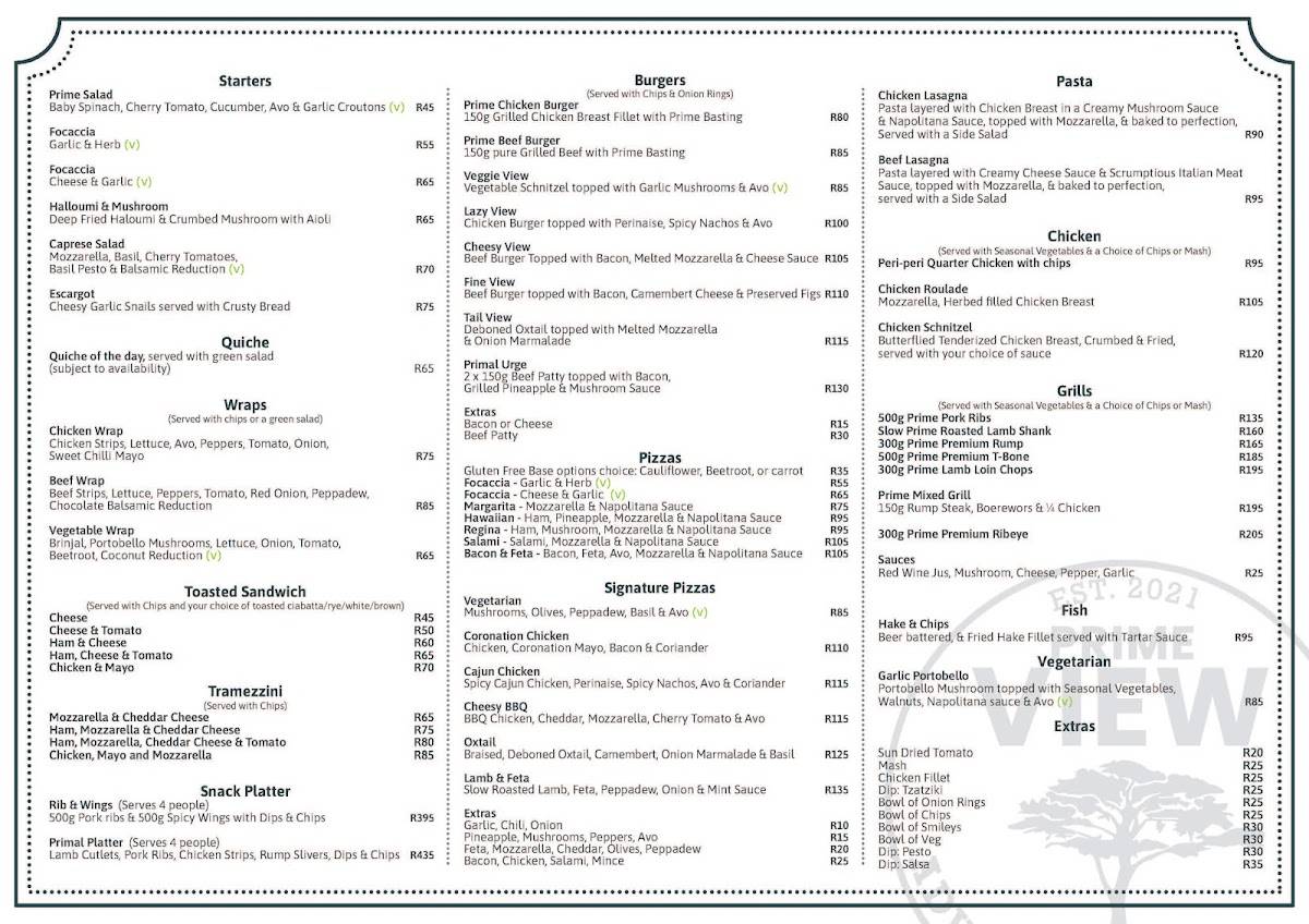 Menu at Prime View Adventure & Leisure restaurant, Olifantsfontein