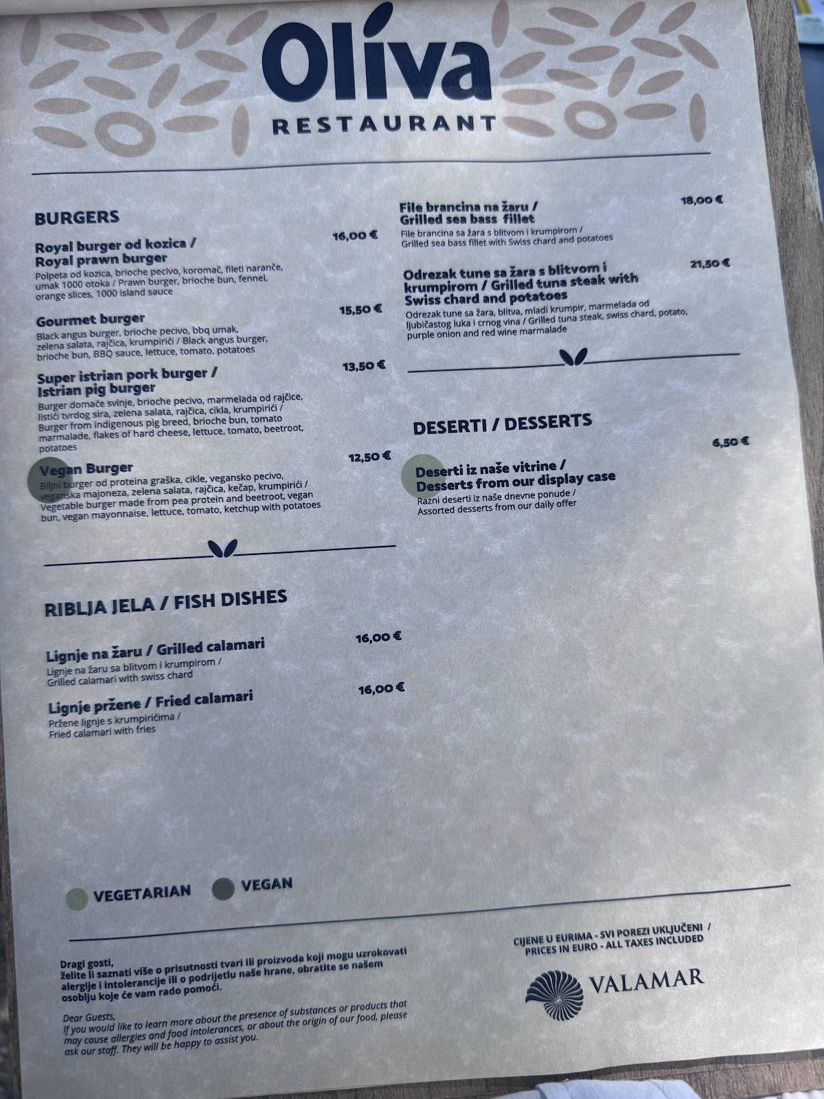 Menu at Oliva Grill restaurant, Kampor