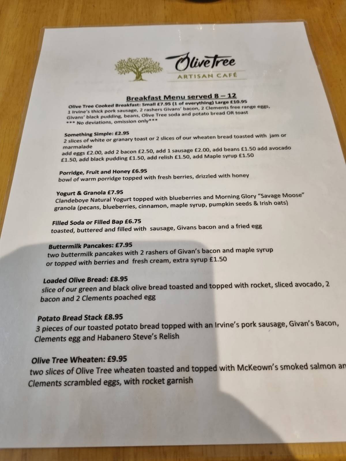 Menu at Olive Tree Artisan Cafe, Bangor