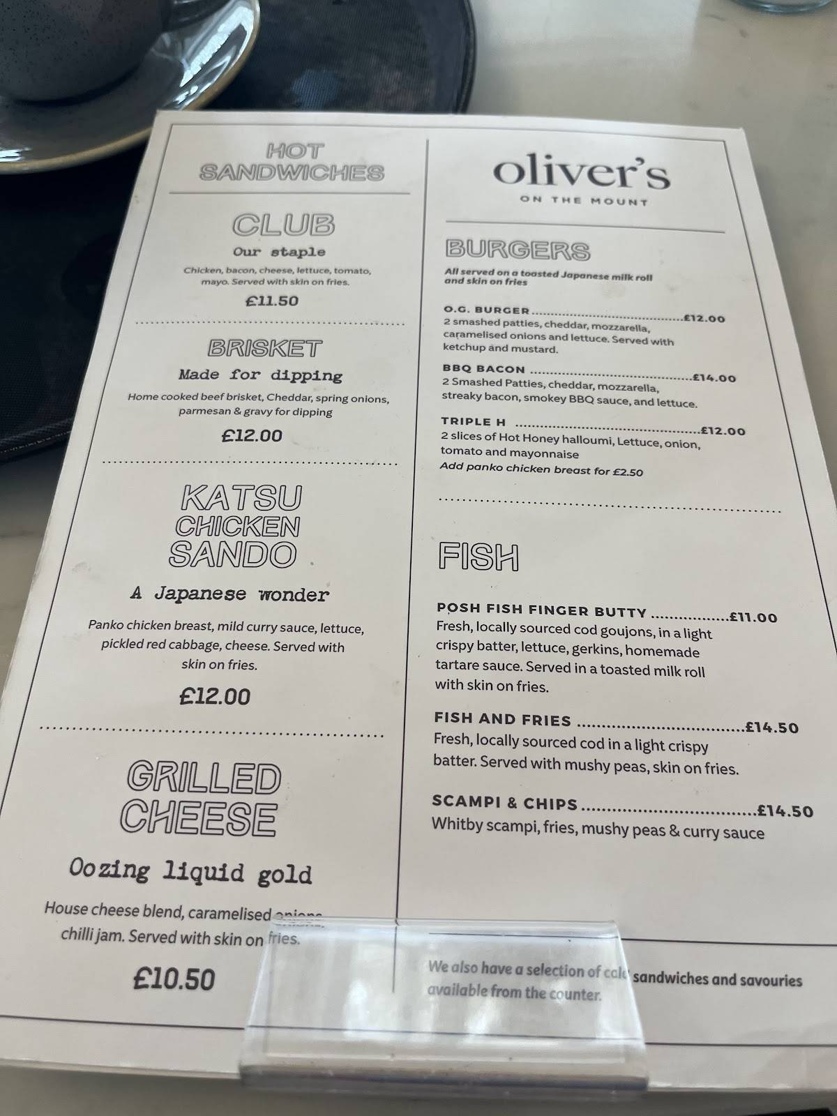 Menu at Olivers on the Mount restaurant, Scarborough, Olivers Mt