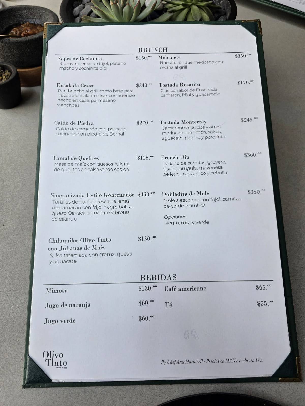 Carta del restaurante Olivo Tinto, Bernal