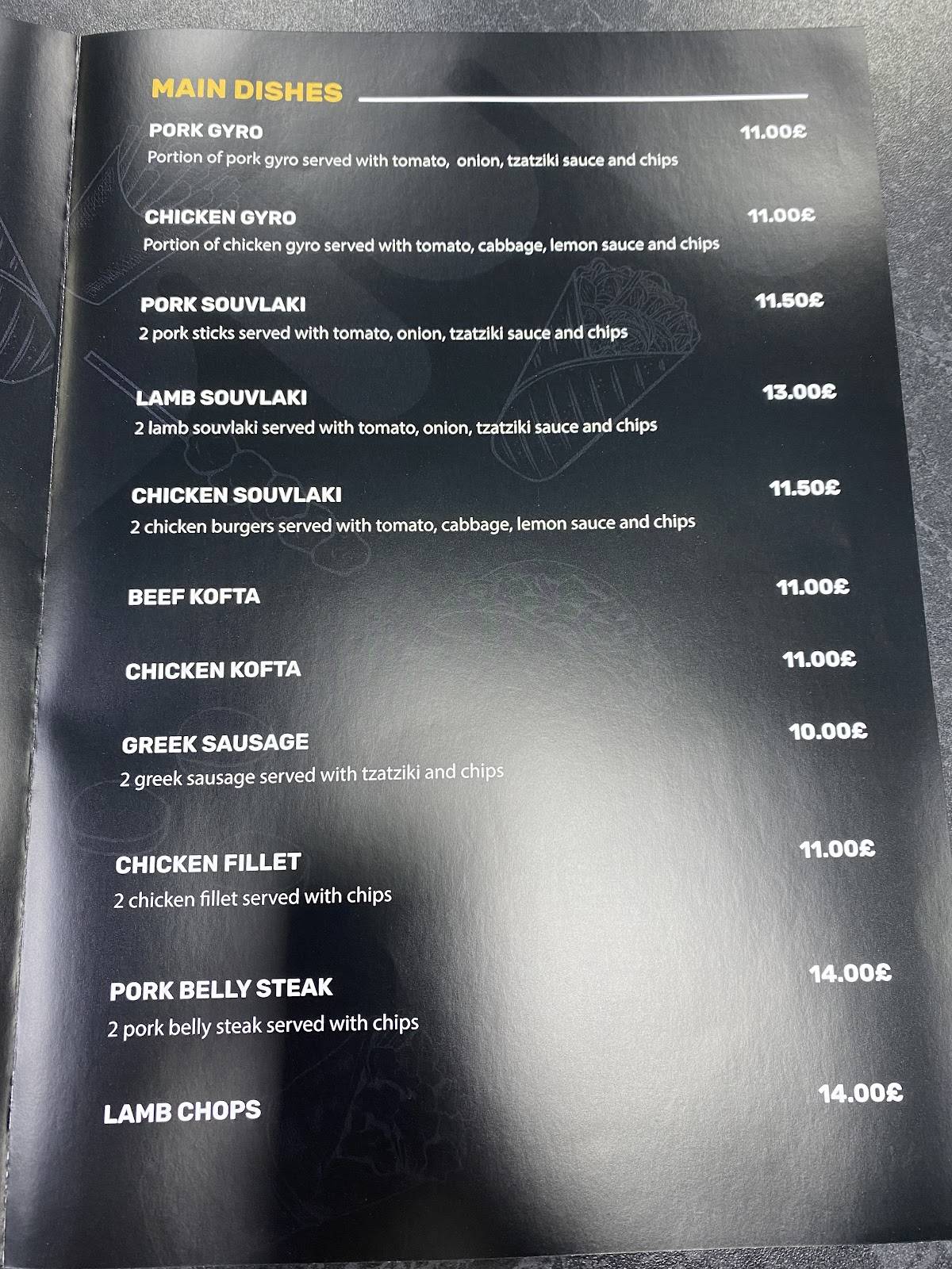 Menu at Olympia Greek street food restaurant, Gateshead