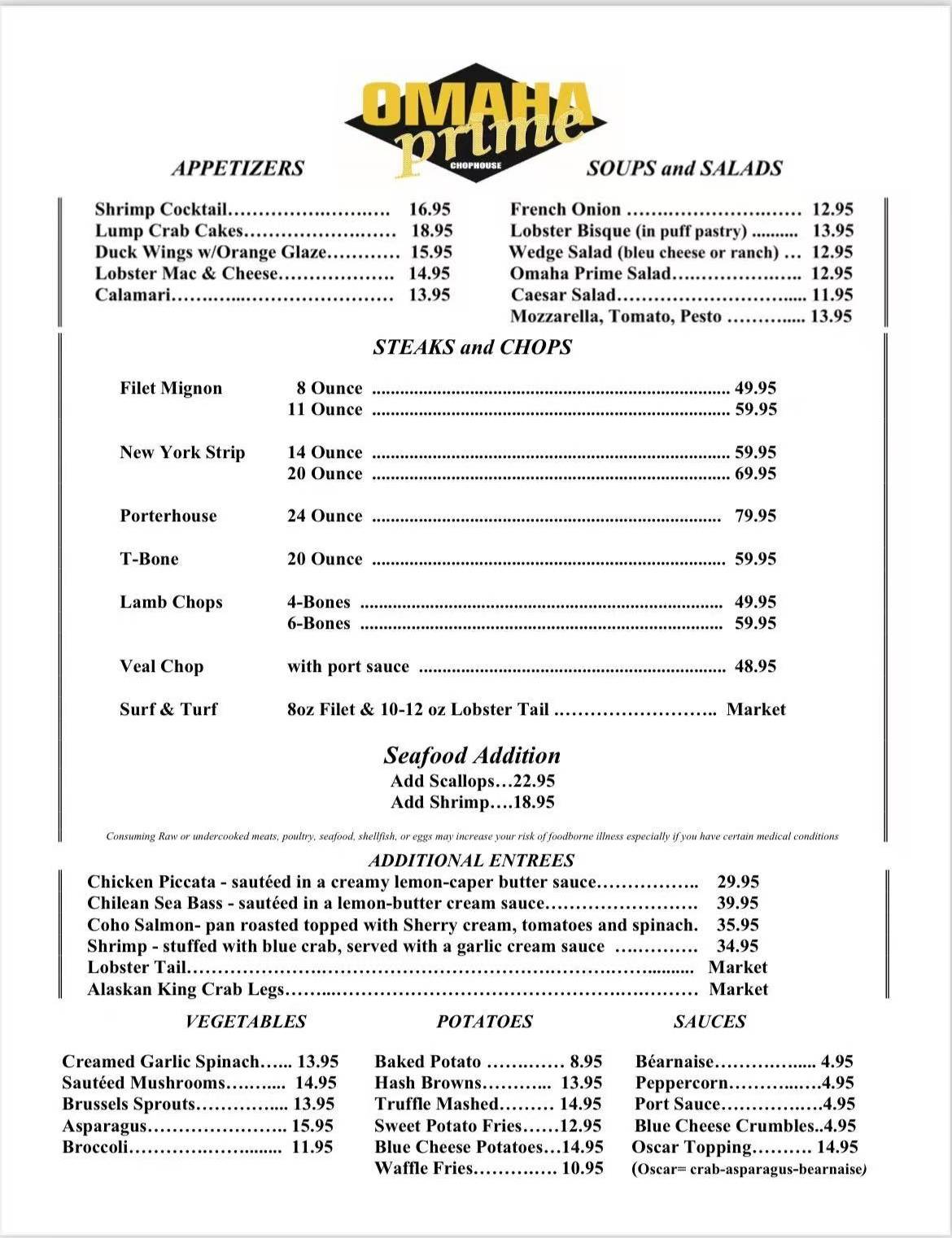 Menu at Omaha Prime steakhouse, Omaha