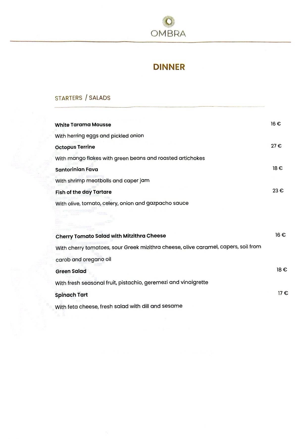 Menu at Ombra restaurant at Esperas Santorini hotel, Oia