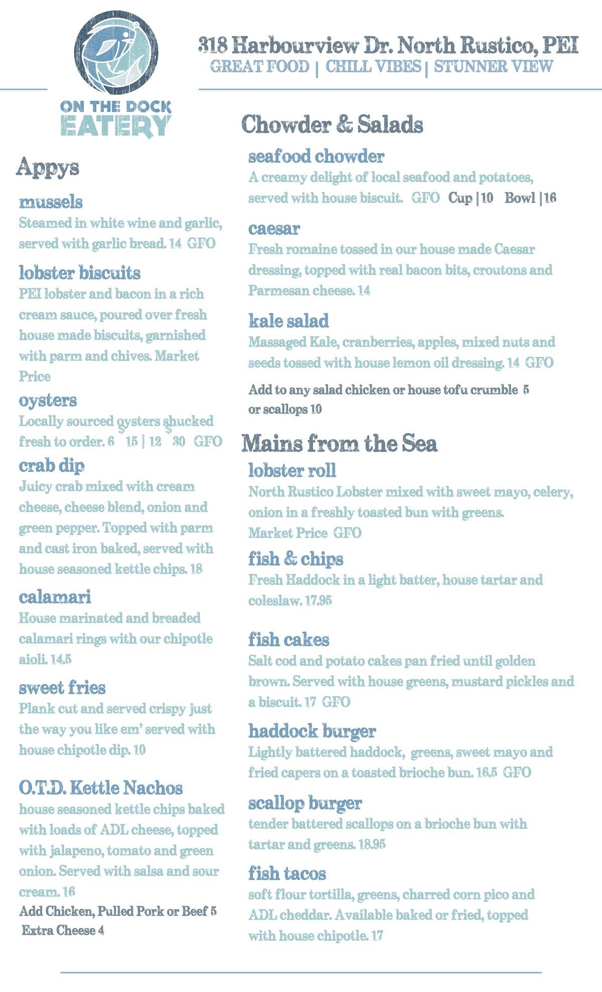 Menu at On The Dock restaurant, North Rustico