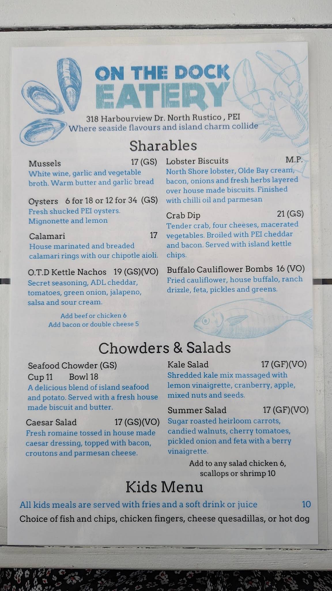 Menu at On The Dock restaurant, North Rustico