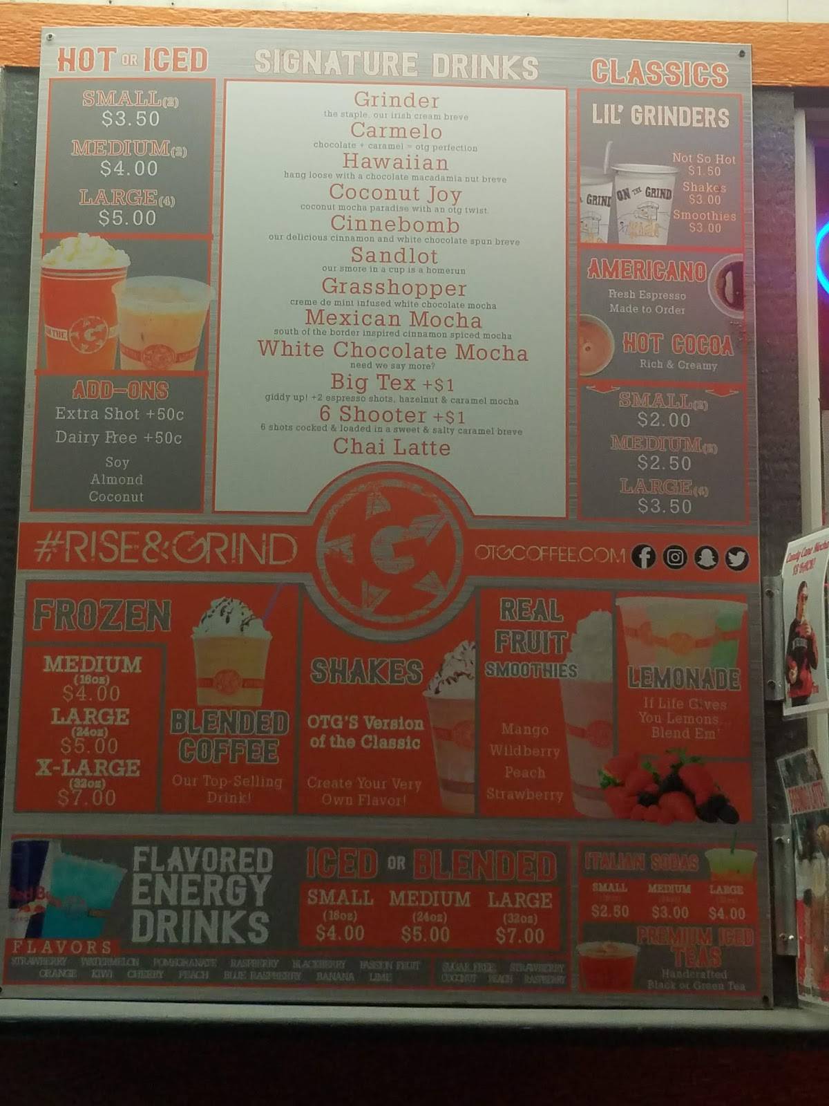Carta del pub y bar On The Grind Coffee, New Braunfels, N Walnut Ave