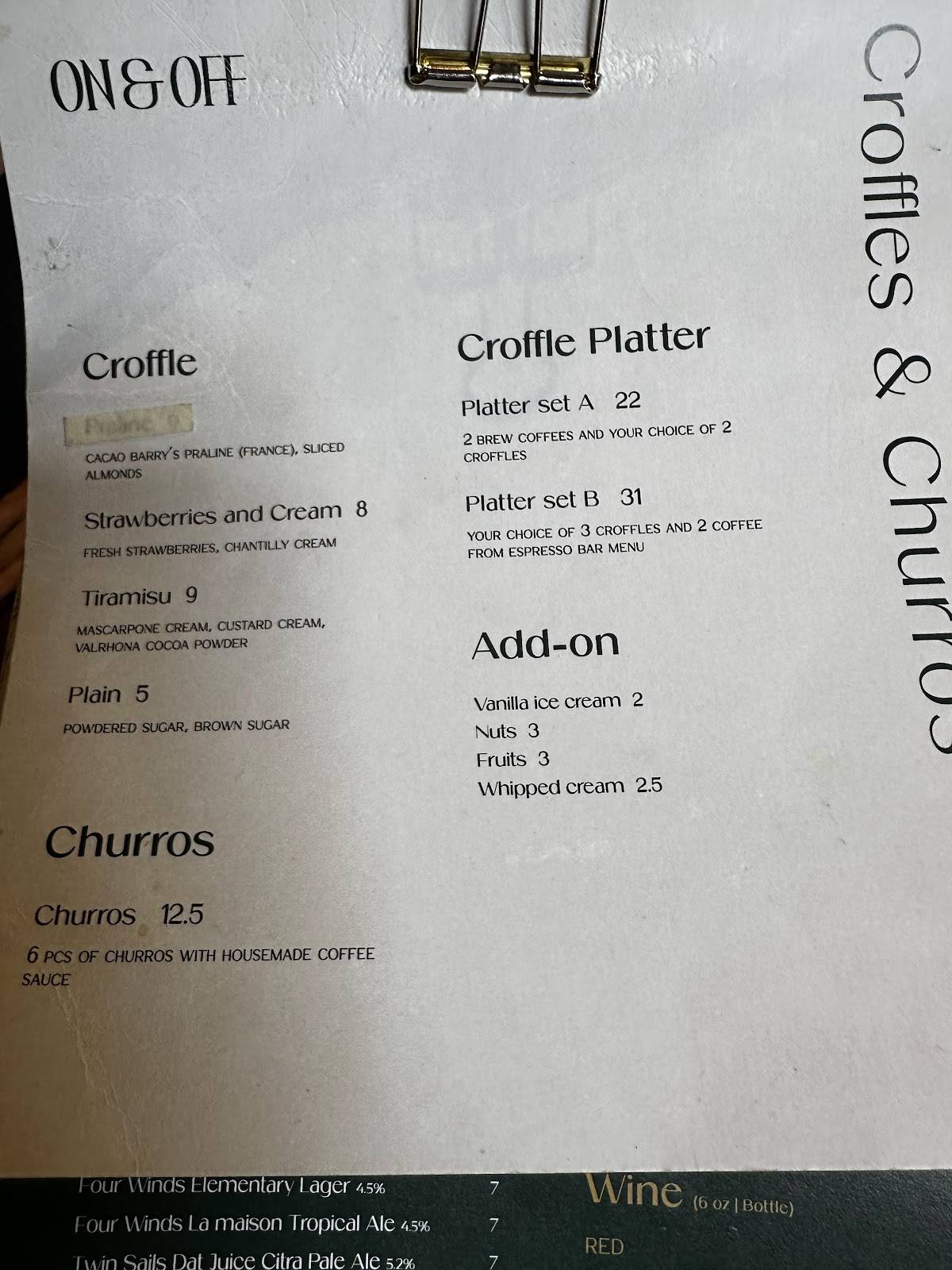 Menu at On & Off Kitchen + Bar, Coquitlam