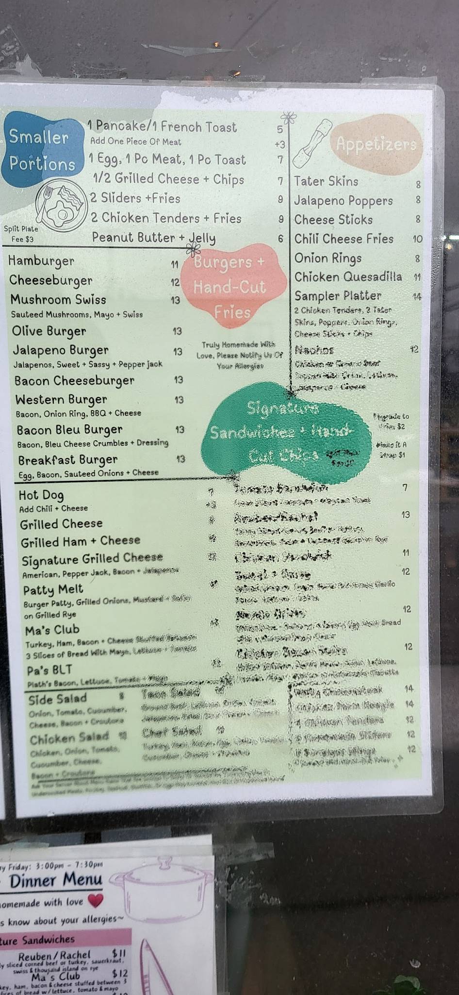 Menu at Ma’s Diner restaurant, Onaway