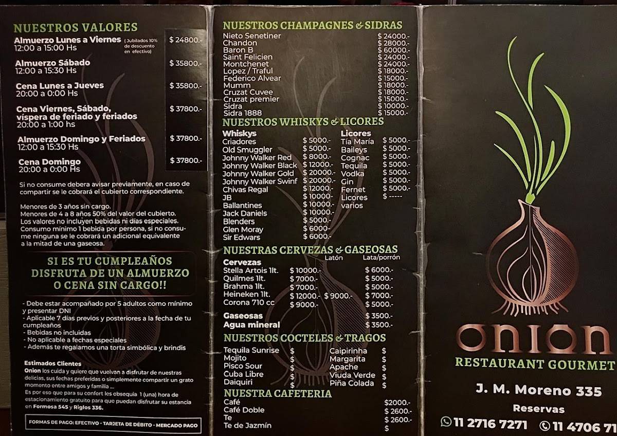 Carta del restaurante Onion, Buenos Aires