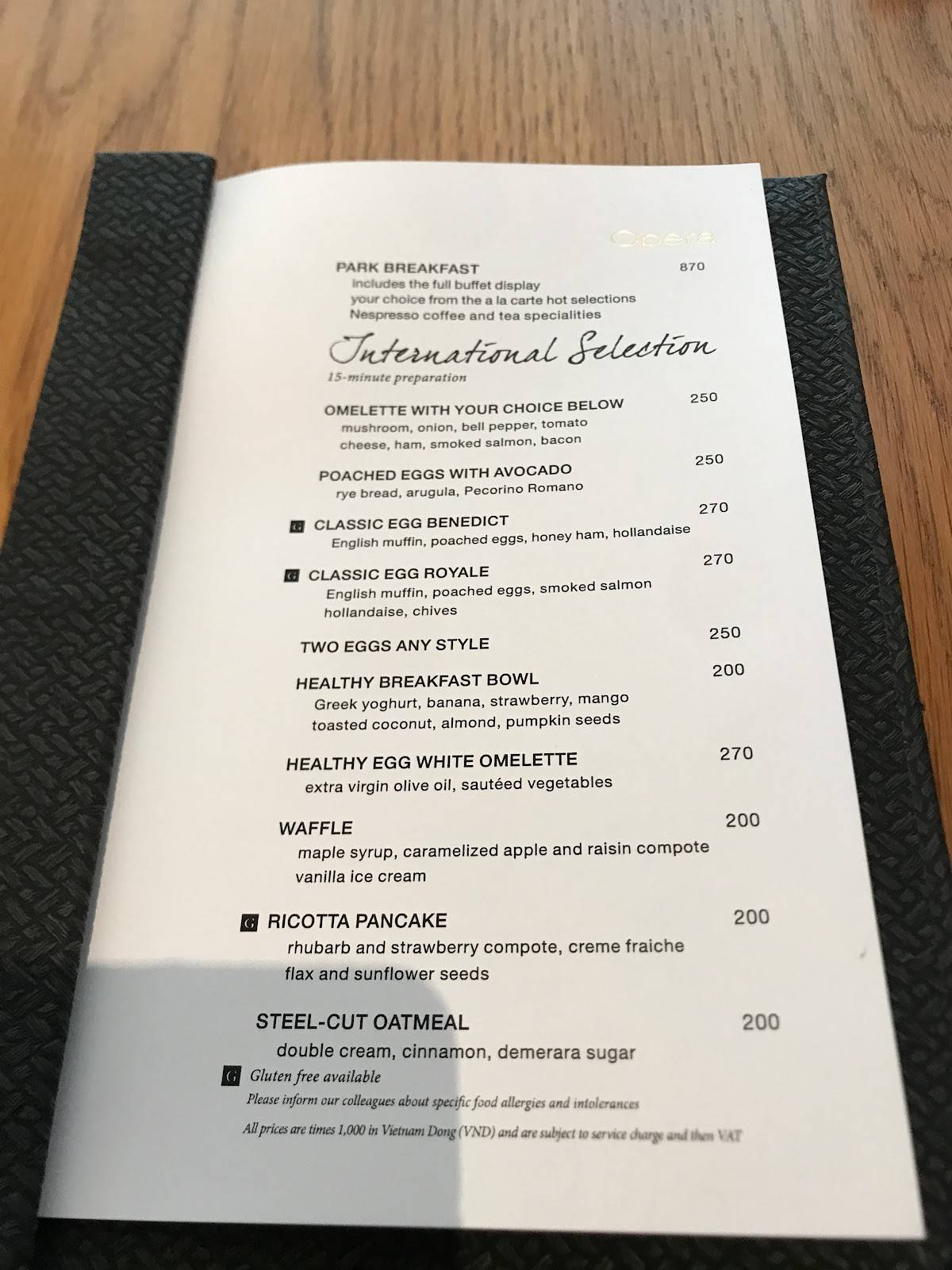 Menu at Opera restaurant, Ho Chi Minh City