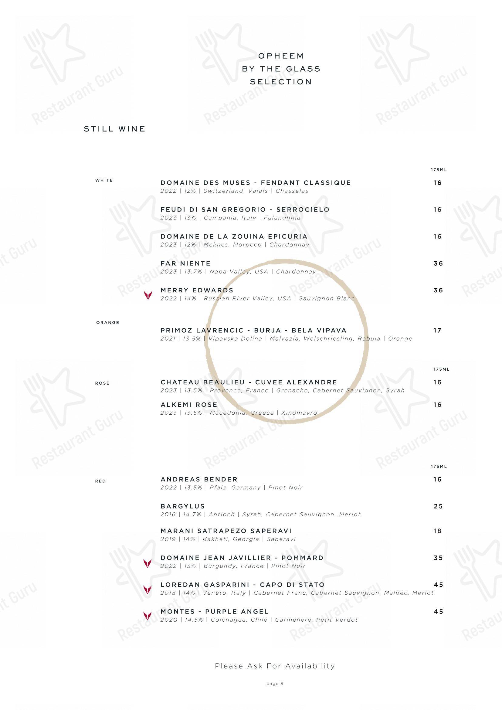 Menu at Opheem restaurant, Birmingham
