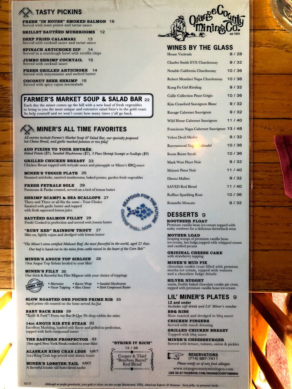 Menu at Orange County Mining Co pub & bar, Orange