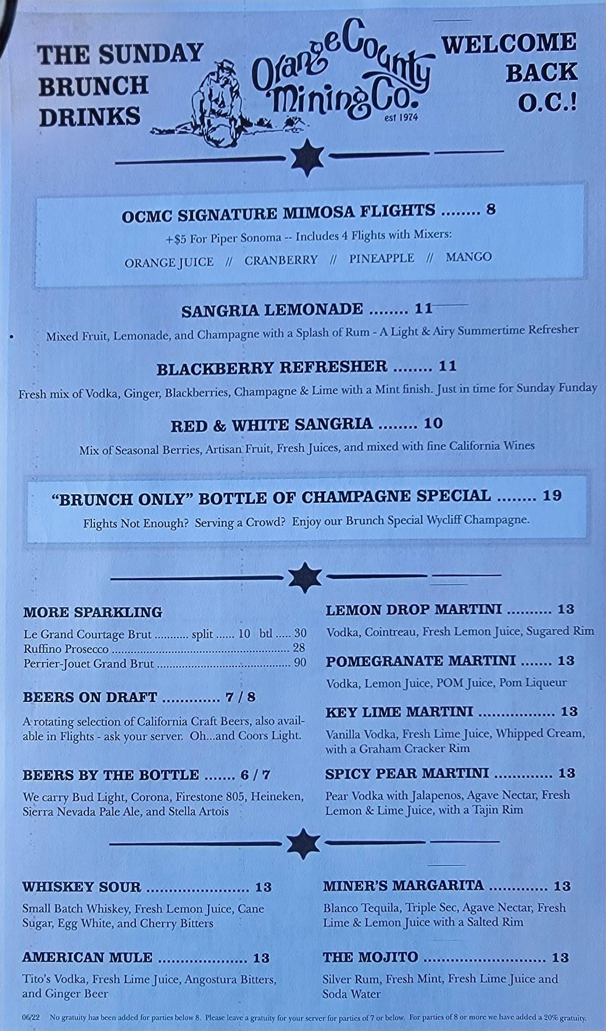 Menu at Orange County Mining Co pub & bar, Orange