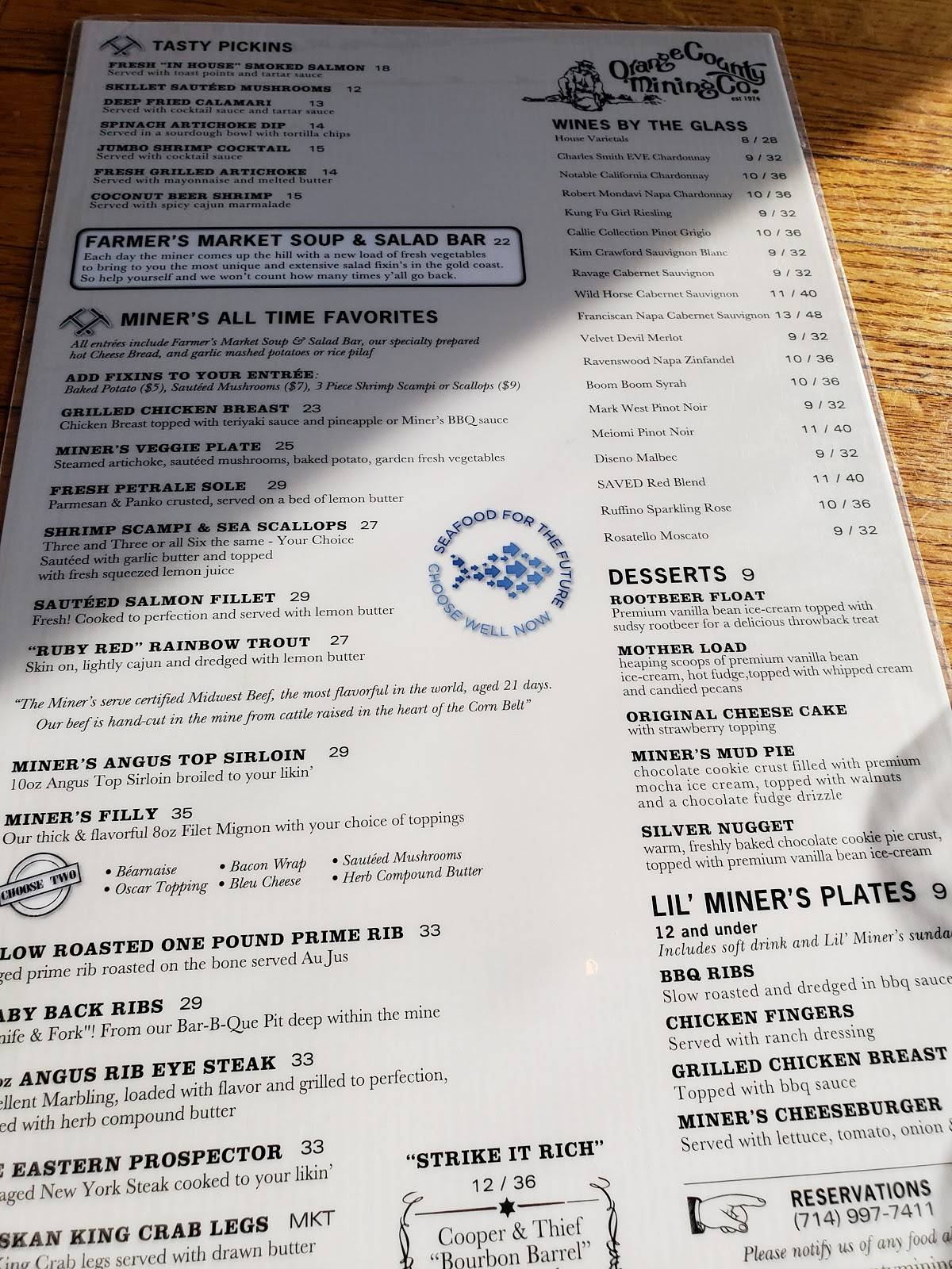 Menu at Orange County Mining Co pub & bar, Orange