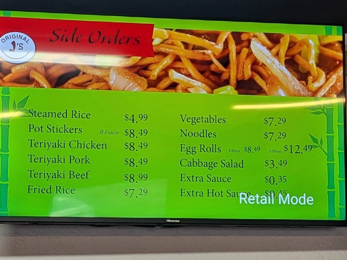 Menu at Original J's Teriyaki restaurant, East Wenatchee