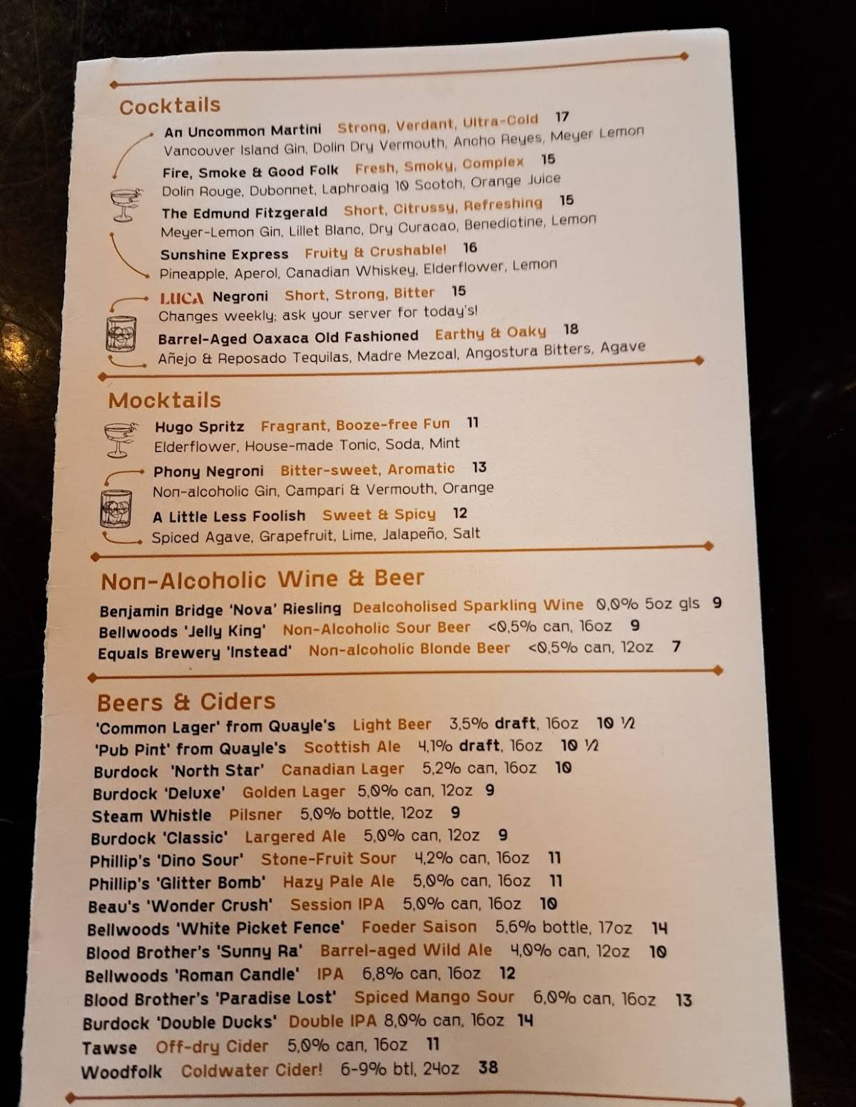 Menu at The Common Stove steakhouse, Orillia