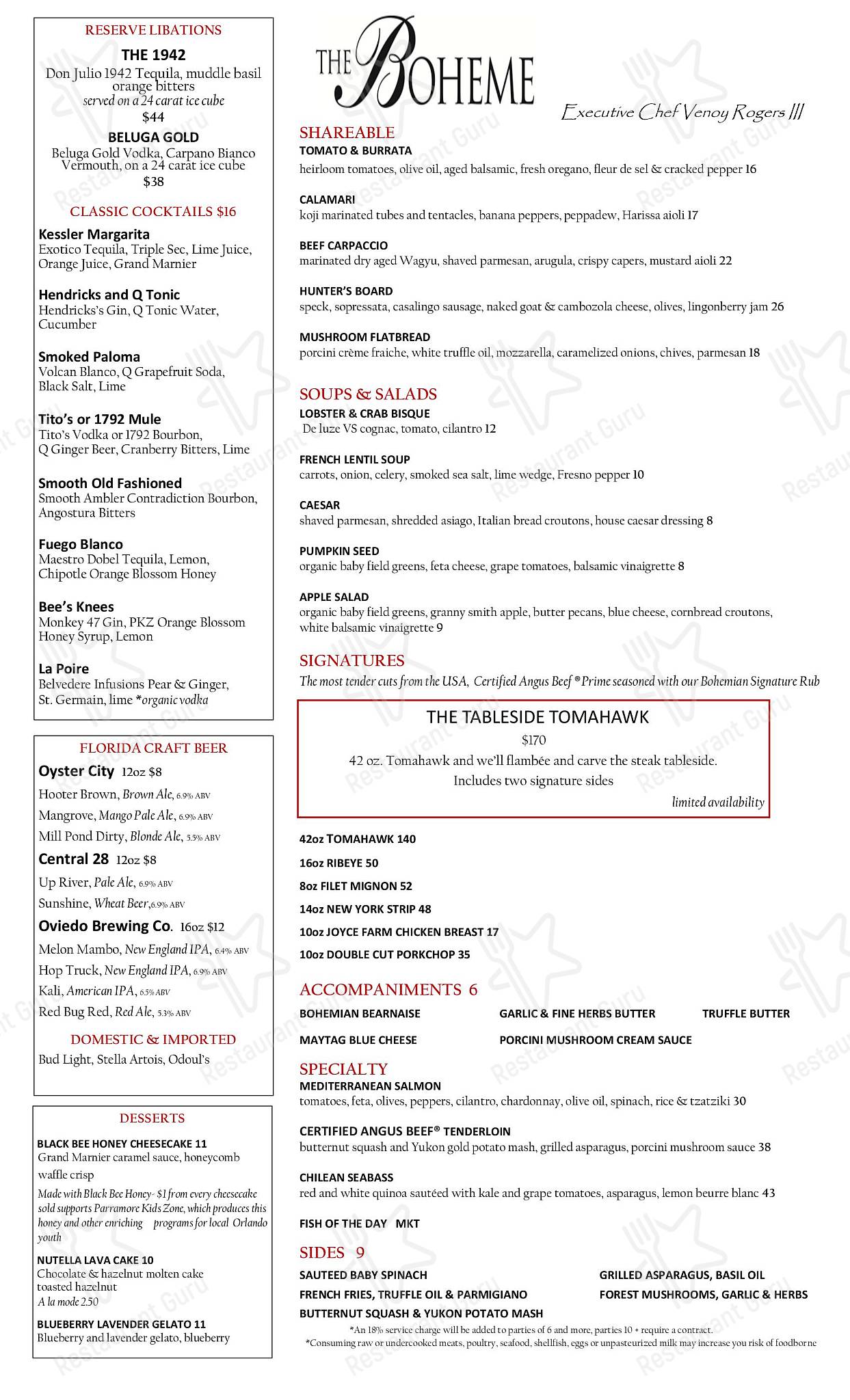 Menu at The Boheme pub & bar, Orlando, Grand Bohemian Hotel Orlando