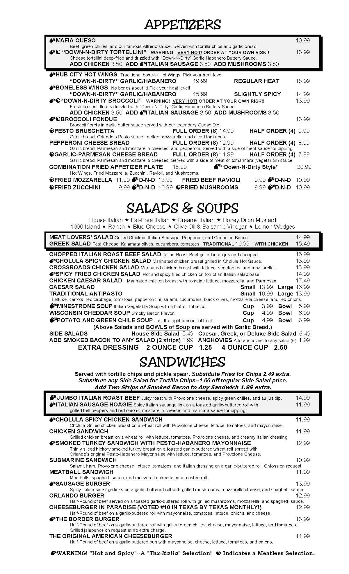 Menu at Orlando's Italian Restaurant, Lubbock, Indiana Ave