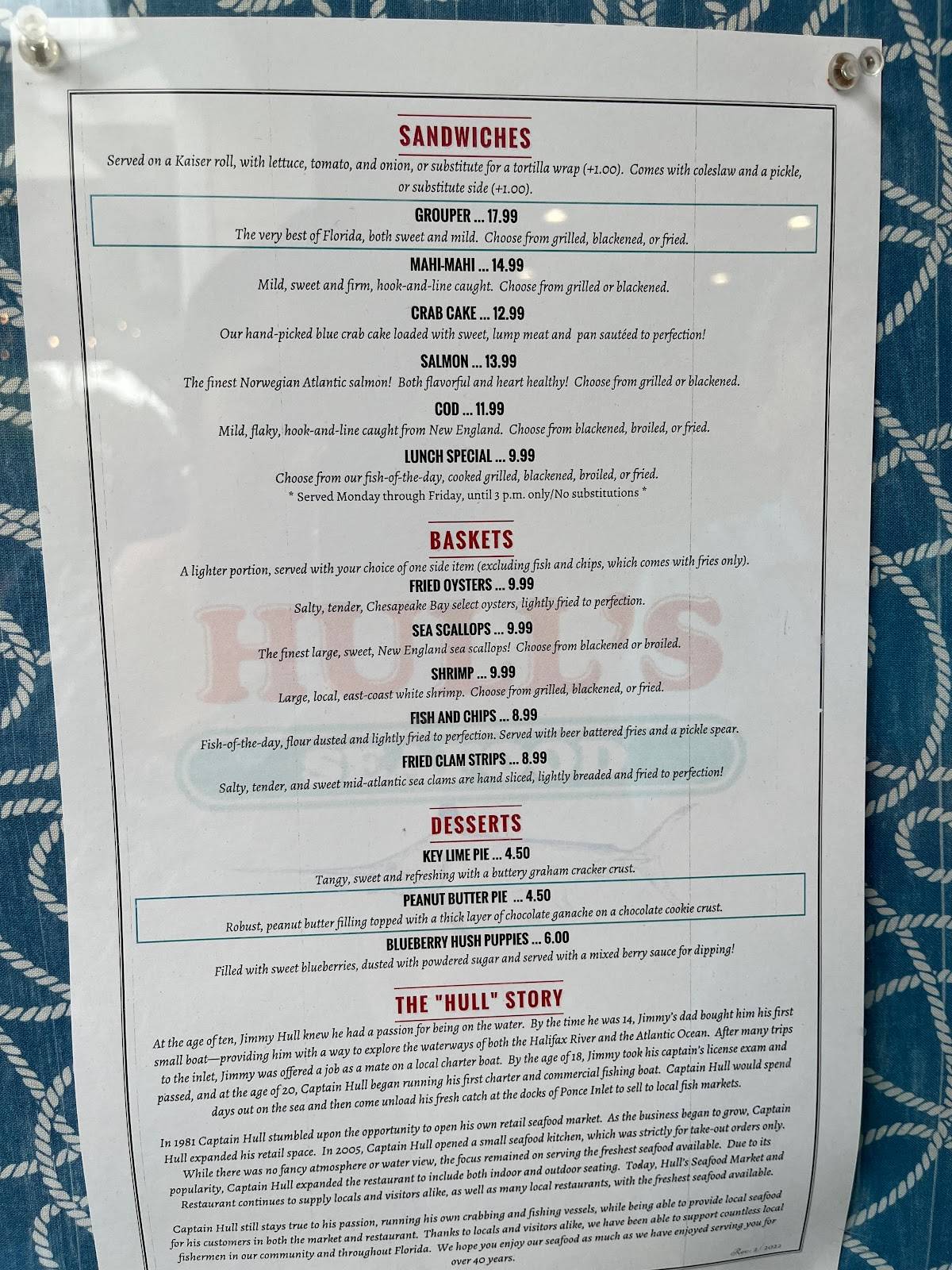 Menu at Hull's Seafood Restaurant, Ormond Beach, 111 W Granada Blvd