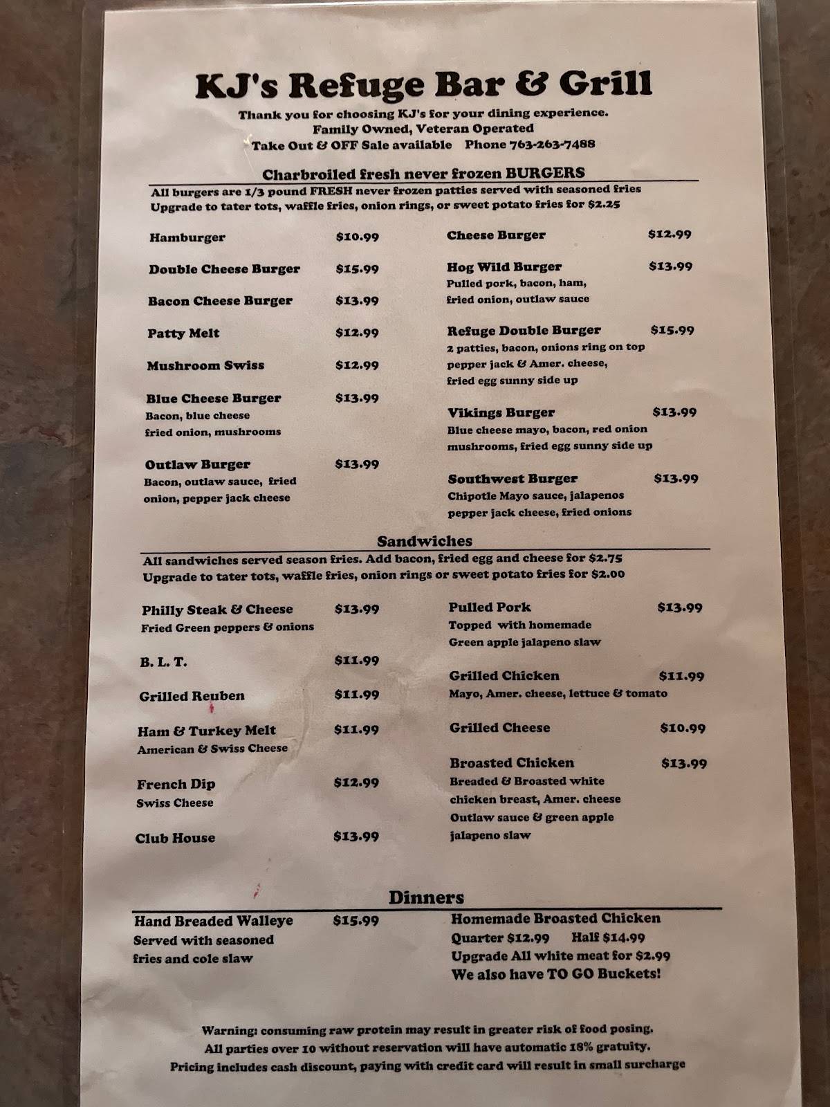 Menu at K J's Refuge Bar & Grille, Orrock