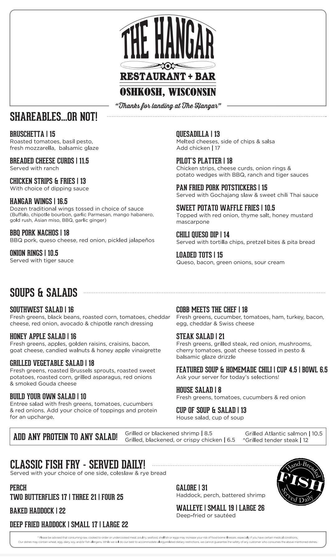 Menu at The Hangar Bar and Grill, Oshkosh