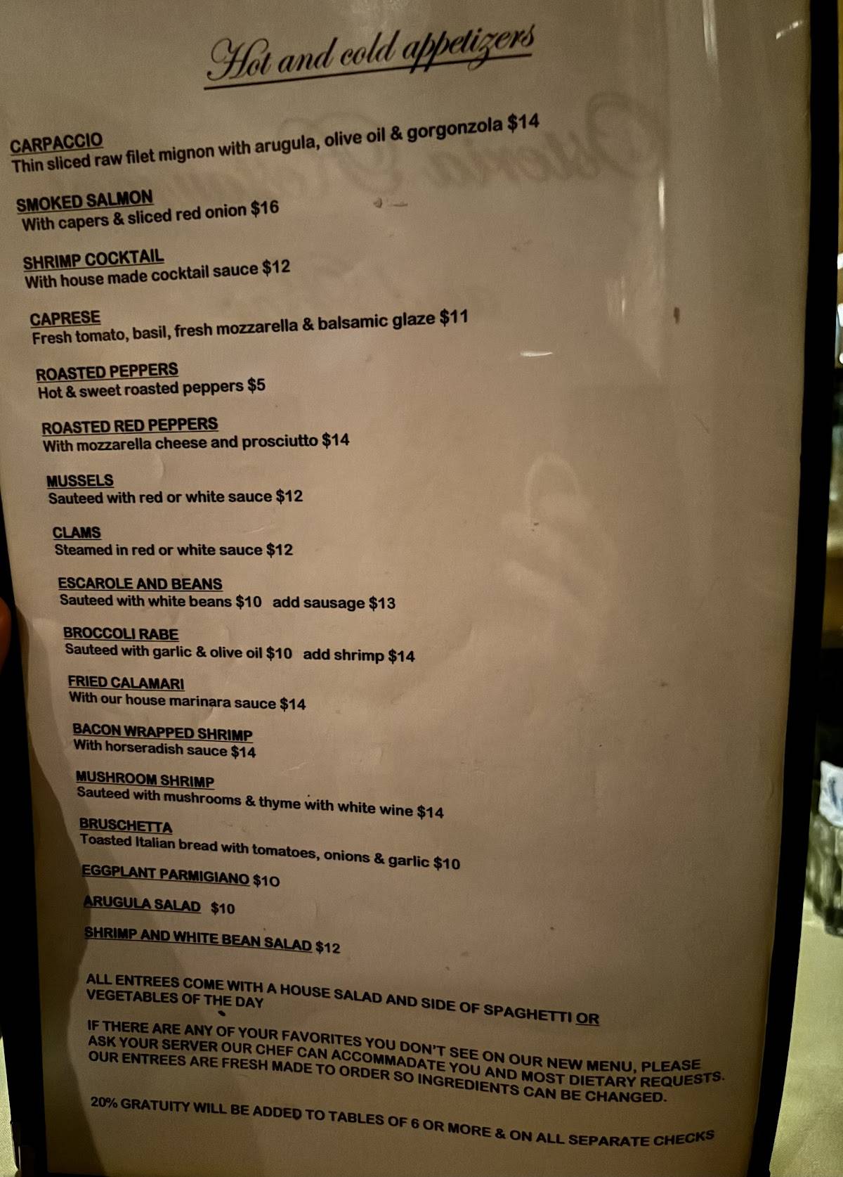 Menu at Osteria restaurant, Collegeville