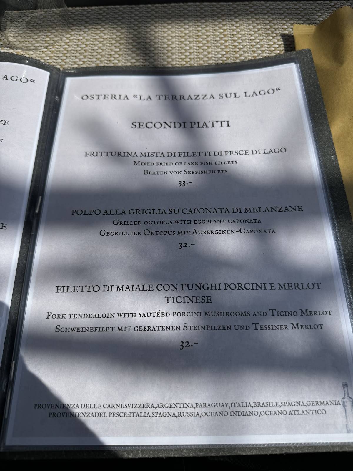Menu da Osteria la Terrazza sul Lago, Morcote