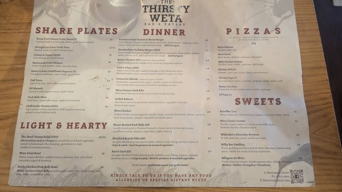 Menu at The Thirsty Weta Bar & Eatery, Otorohanga