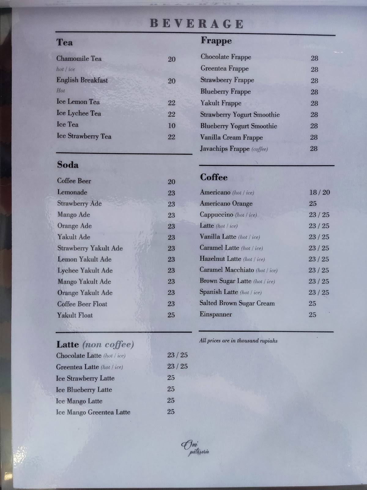 Menu at Oui Pâtisserie cafe, Mojokerto