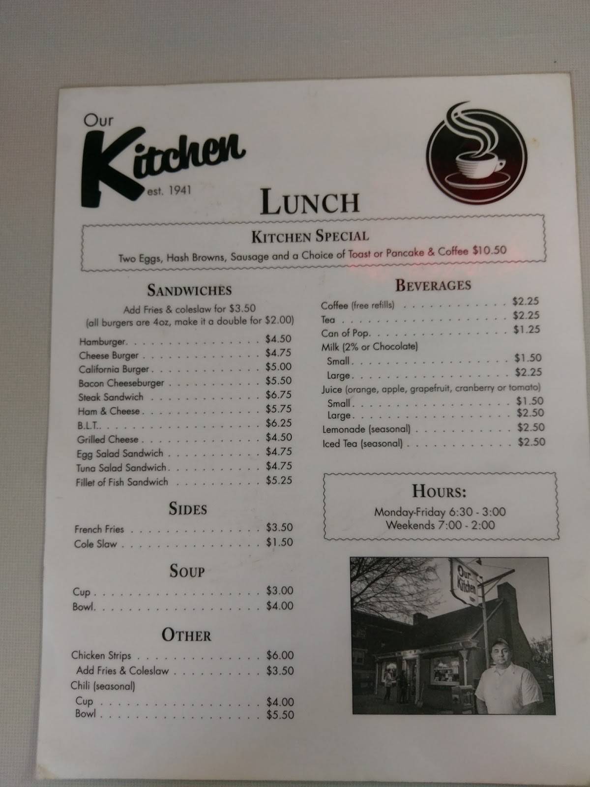 Menu at Our Kitchen restaurant, Minneapolis