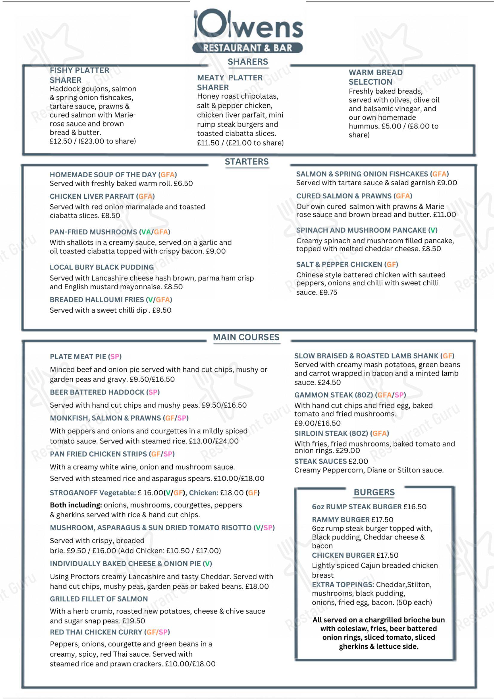 Menu at Owens restaurant, Bury