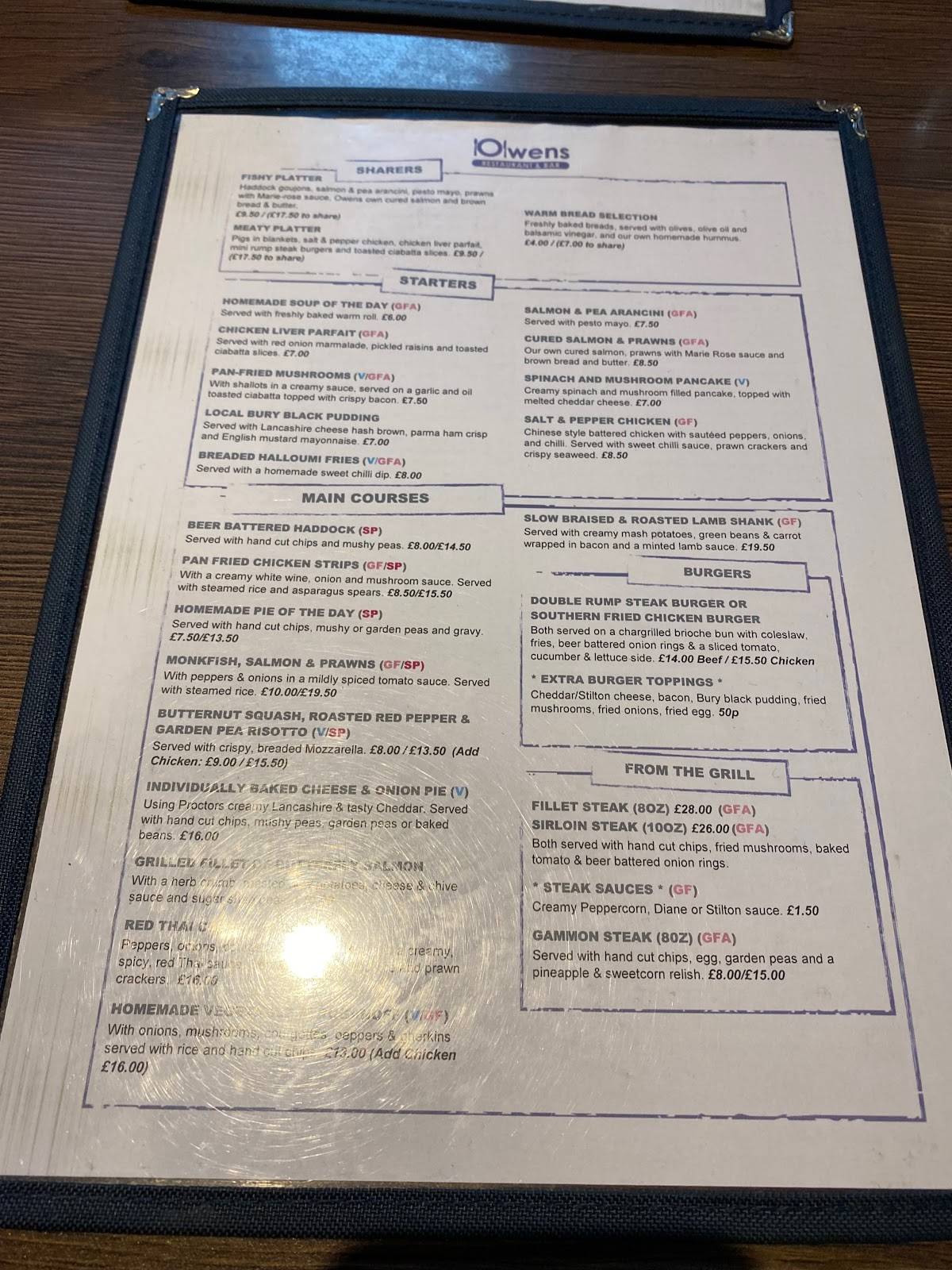 Menu at Owens restaurant, Ramsbottom