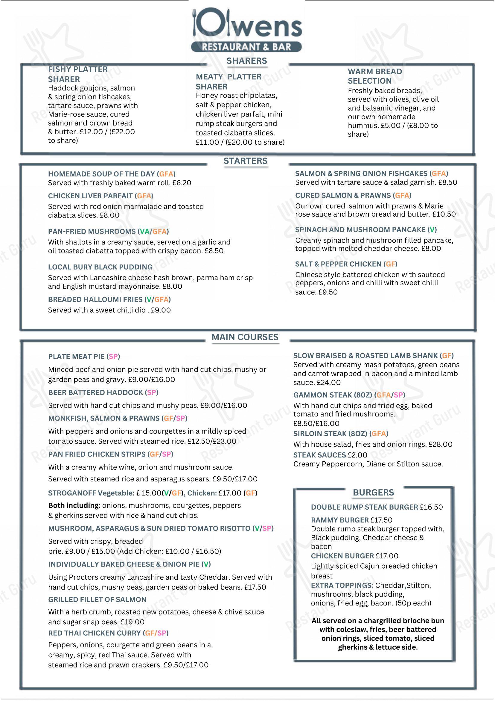 Menu at Owens restaurant, Ramsbottom