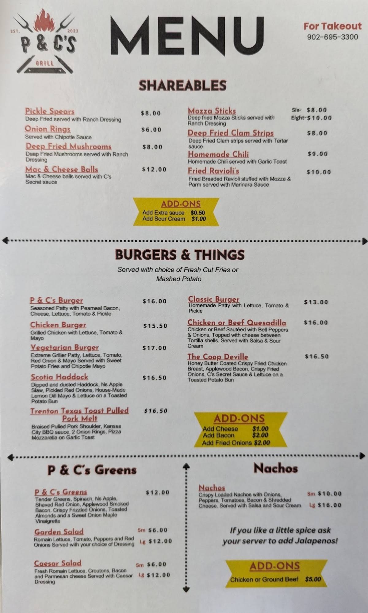 Menu at P & C's Grill restaurant, Trenton