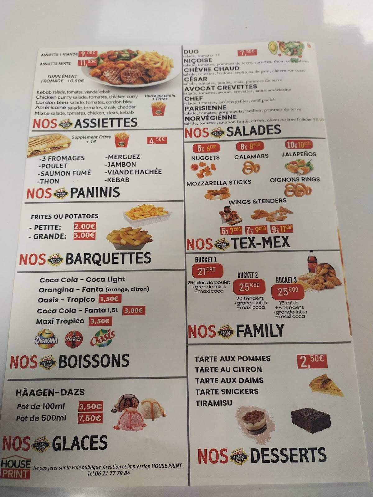 Menu au PASTA NOVA restaurant, Vineuil