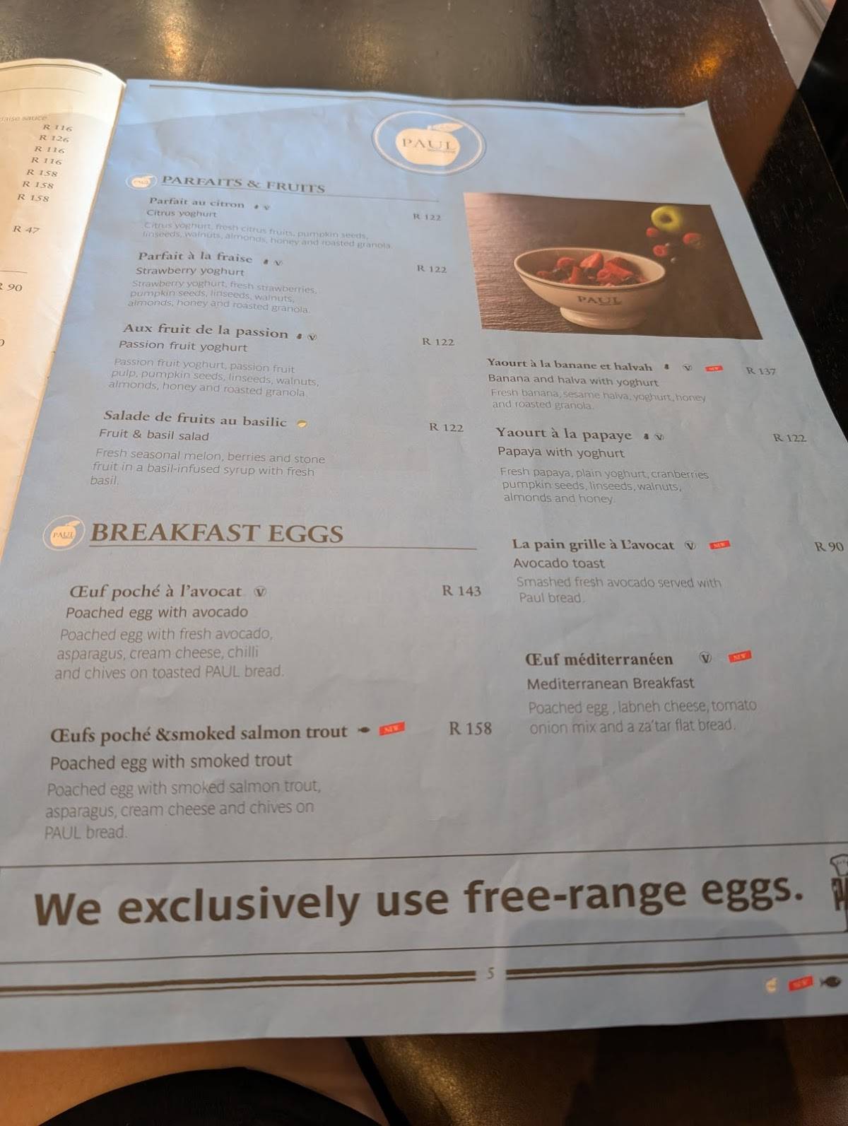 Menu at PAUL restaurant, Johannesburg, and