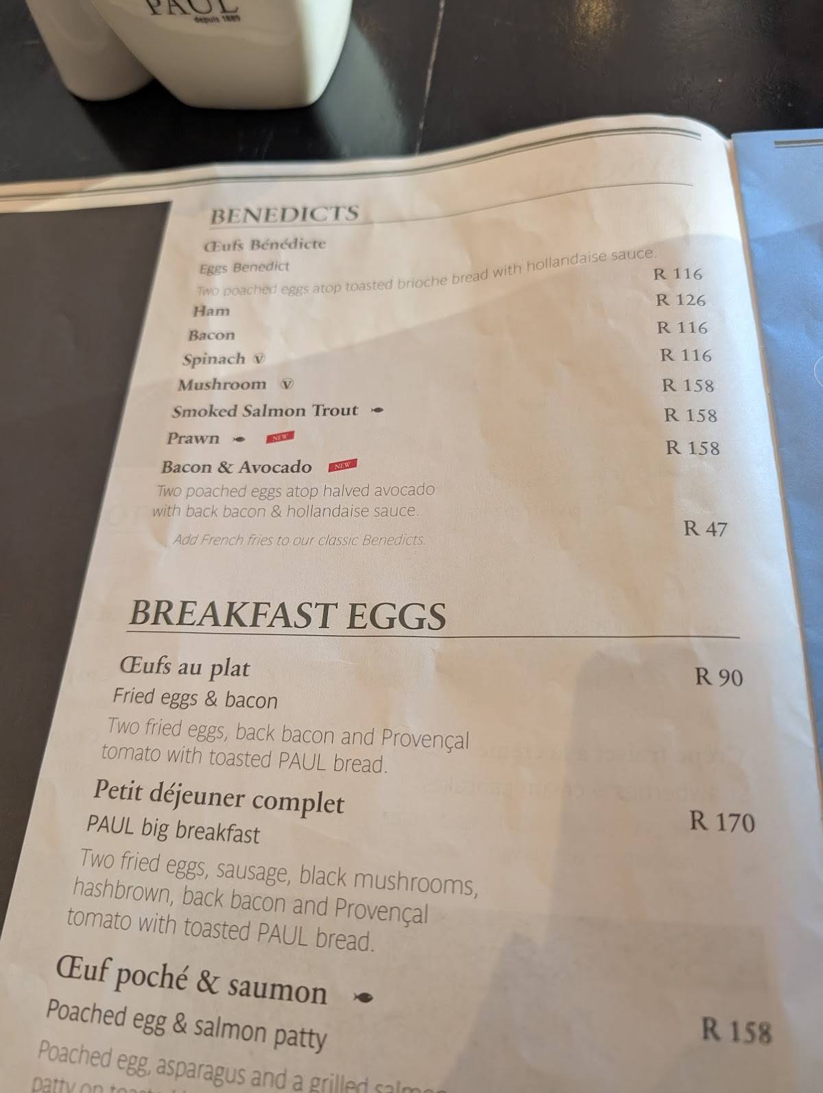 Menu at PAUL restaurant, Johannesburg, and