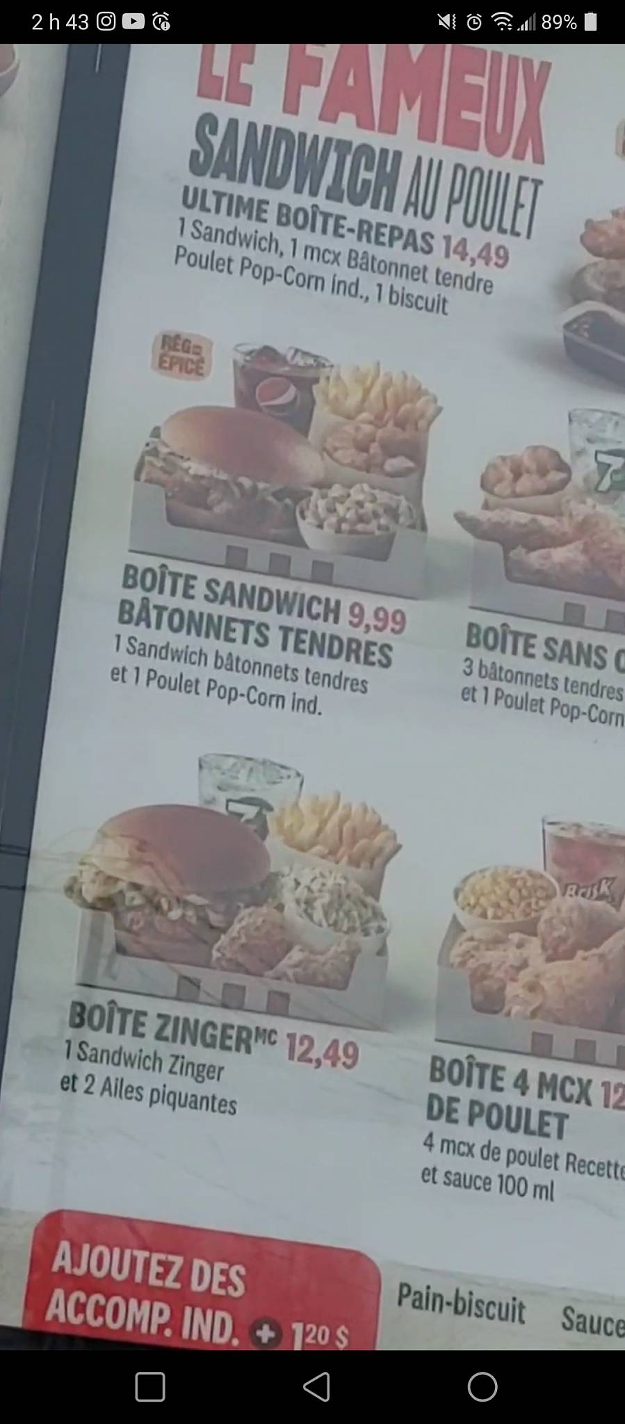 Menu at PFK restaurant, Mascouche