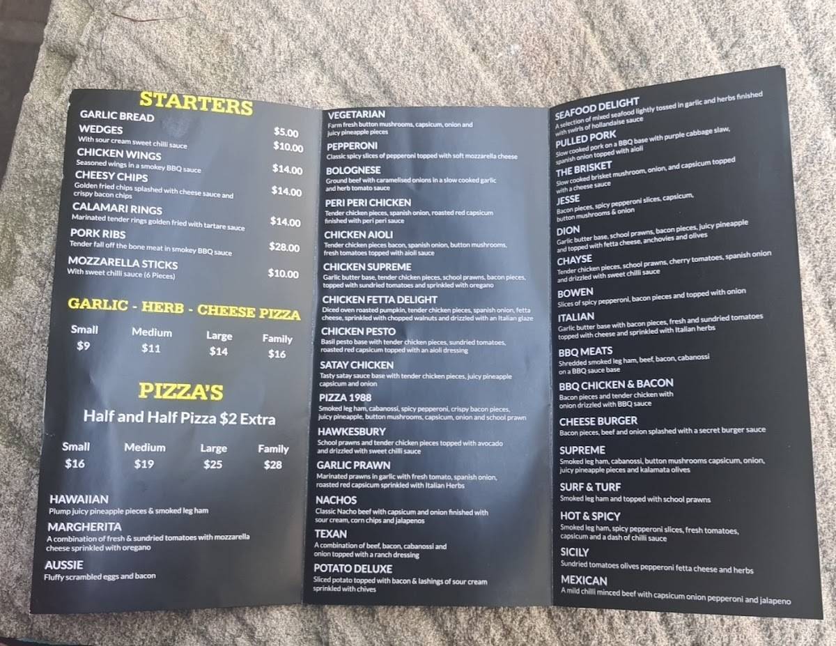 Menu at PIZZA 1988 restaurant, Wilberforce