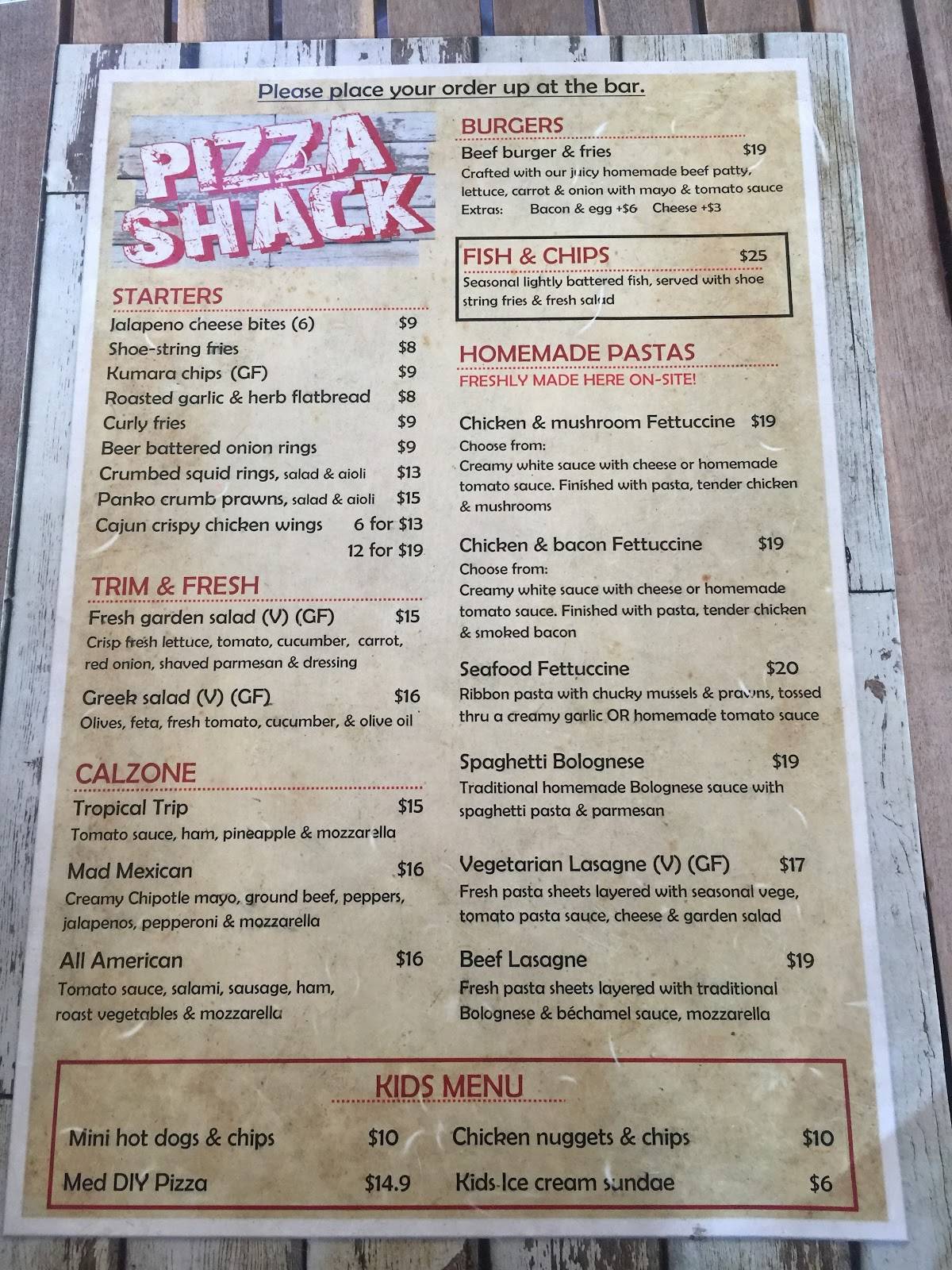 Menu at PIZZA SHACK pizzeria, Paihia