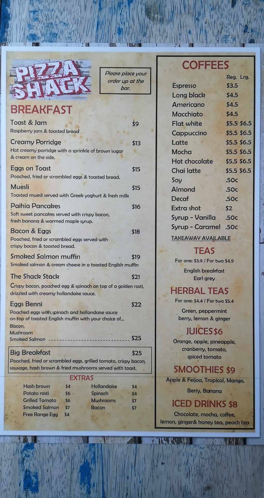 Menu at PIZZA SHACK pizzeria, Paihia