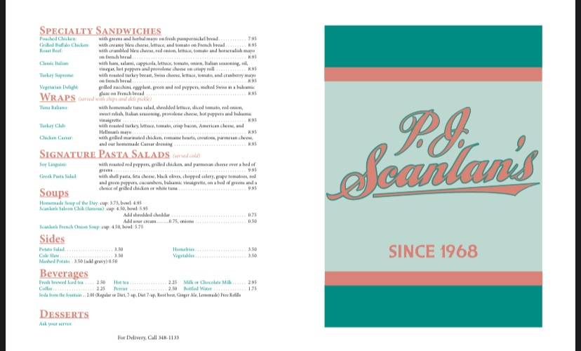 Menu at PJ Scanlan’s restaurant, Scranton