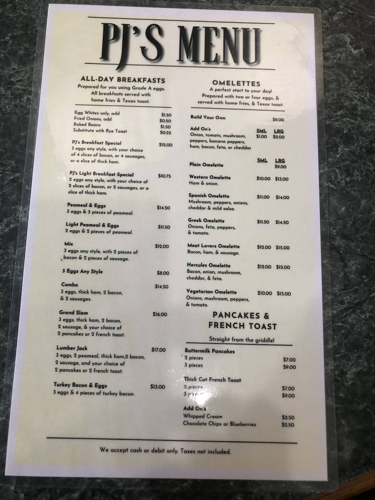 Menu at PJ'S Restaurant, Whitby
