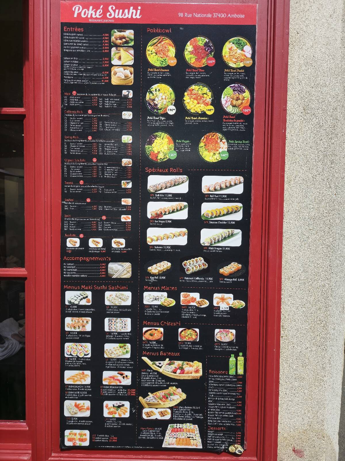 Menu au Poké Sushi restaurant, Amboise